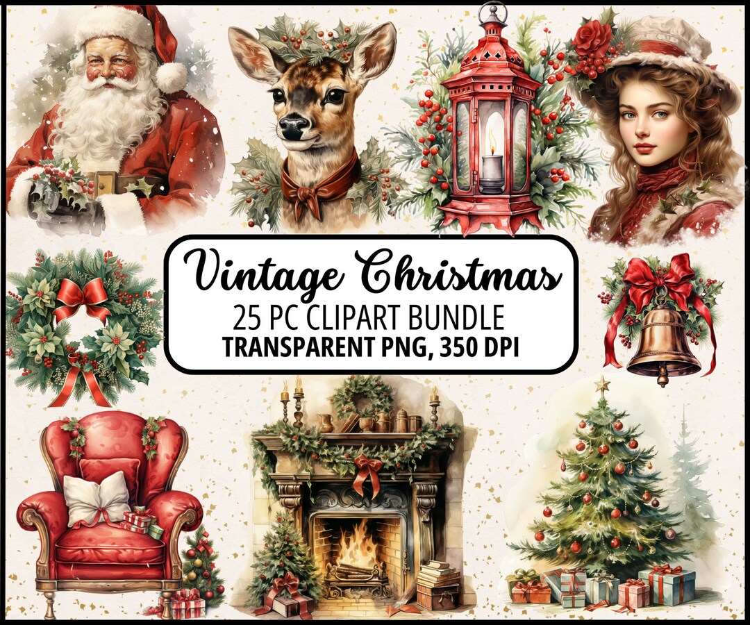 Vintage Christmas Clipart PNG Bundle, Festive Winter Illustration ...