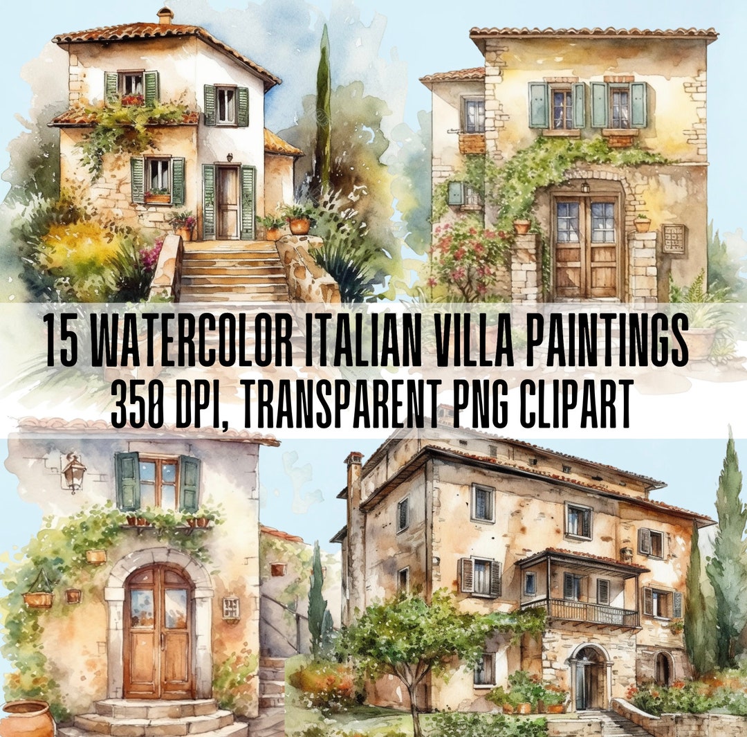 Watercolor Italian Villa Clipart: European Houses, Gardens (15pc PNG ...