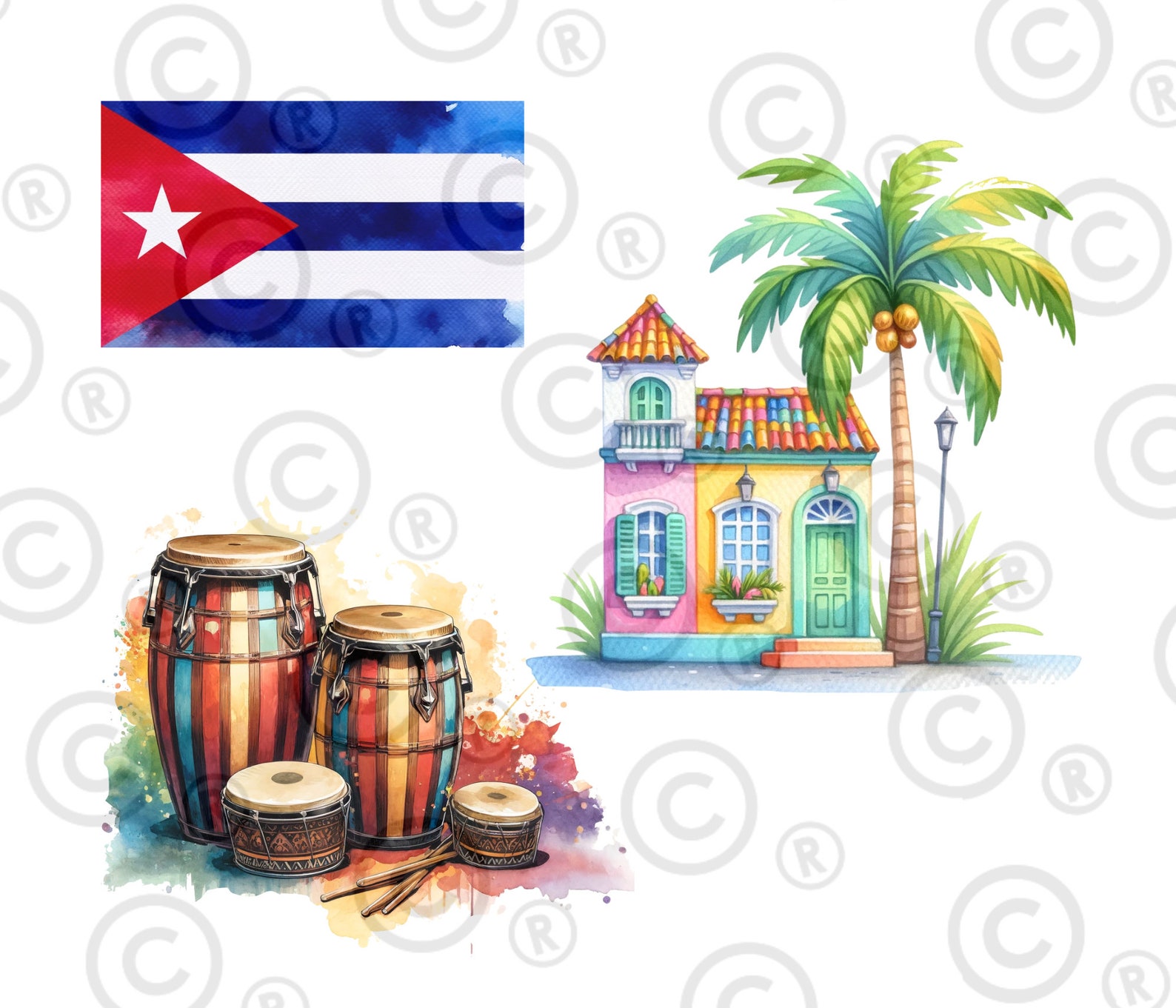 Watercolor Havana Cuba Clipart PNG Bundle, Tropical Clipart, Caribbean ...