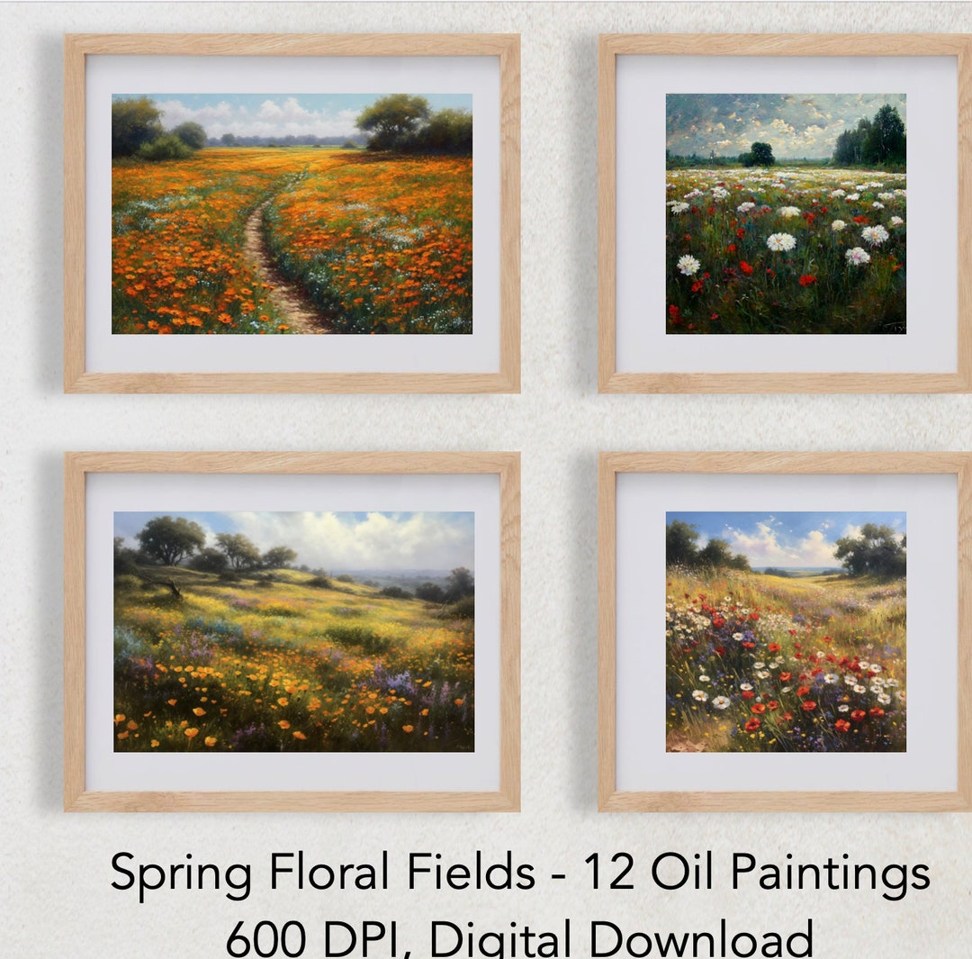 Set of 12 Watercolor Floral Field Oil Paintings, Digital Prints, 600 ...
