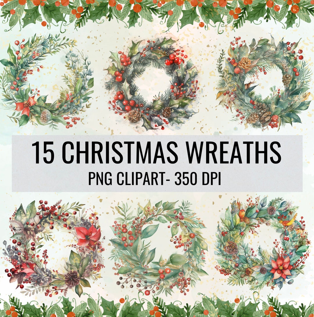 Christmas Wreath Clipart, Red and Green Flowers, Greenery, Holiday ...