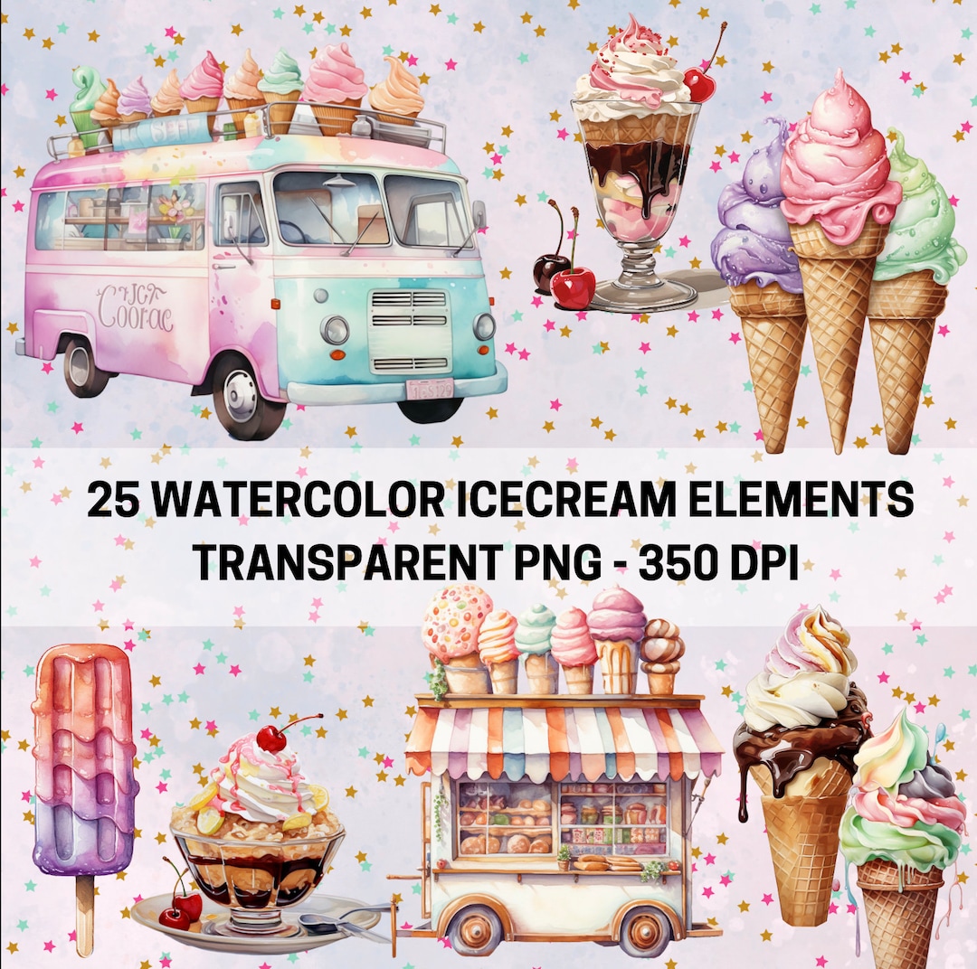 Watercolor Ice Cream Clipart Bundle. Transparent PNG Illustrations. Ice ...
