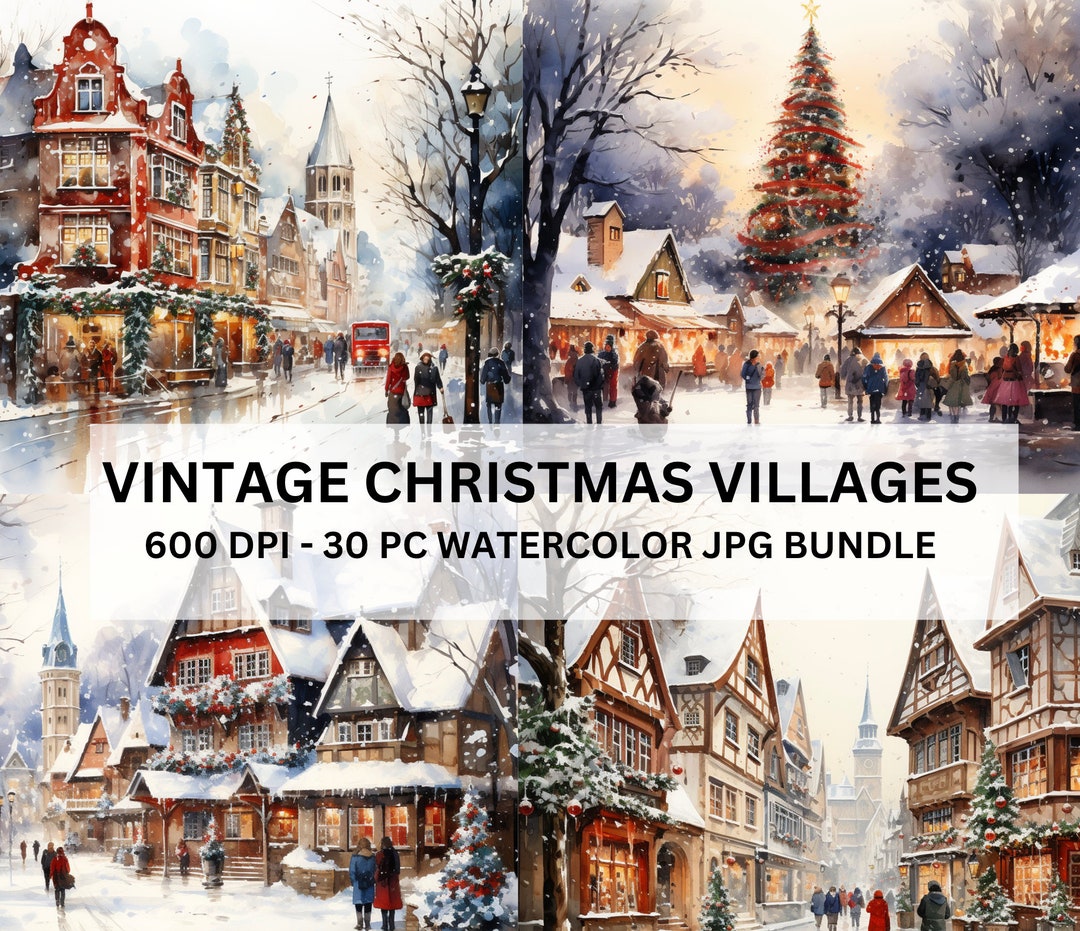 Vintage Christmas Village Paintings, Printable Art, Cozy Winter Town ...