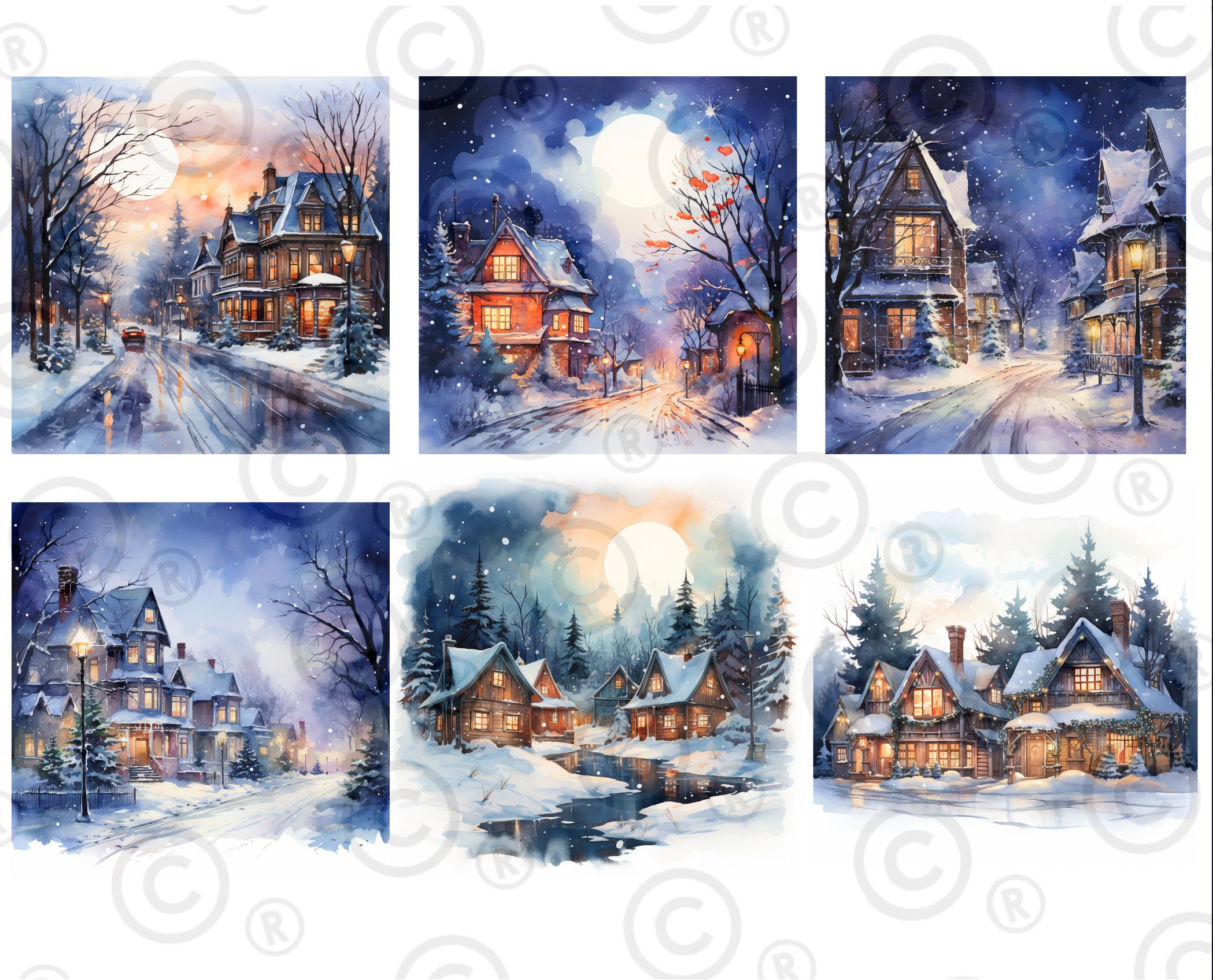 Vintage Christmas Village Watercolor Painting Prints (digital Download ...