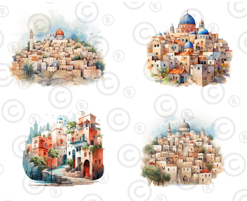 Jerusalem City Paintings, Colorful Houses, Streets, and Scenery. Middle ...