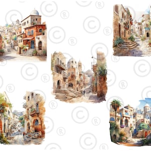 Jerusalem City Paintings, Colorful Houses, Streets, and Scenery. Middle ...