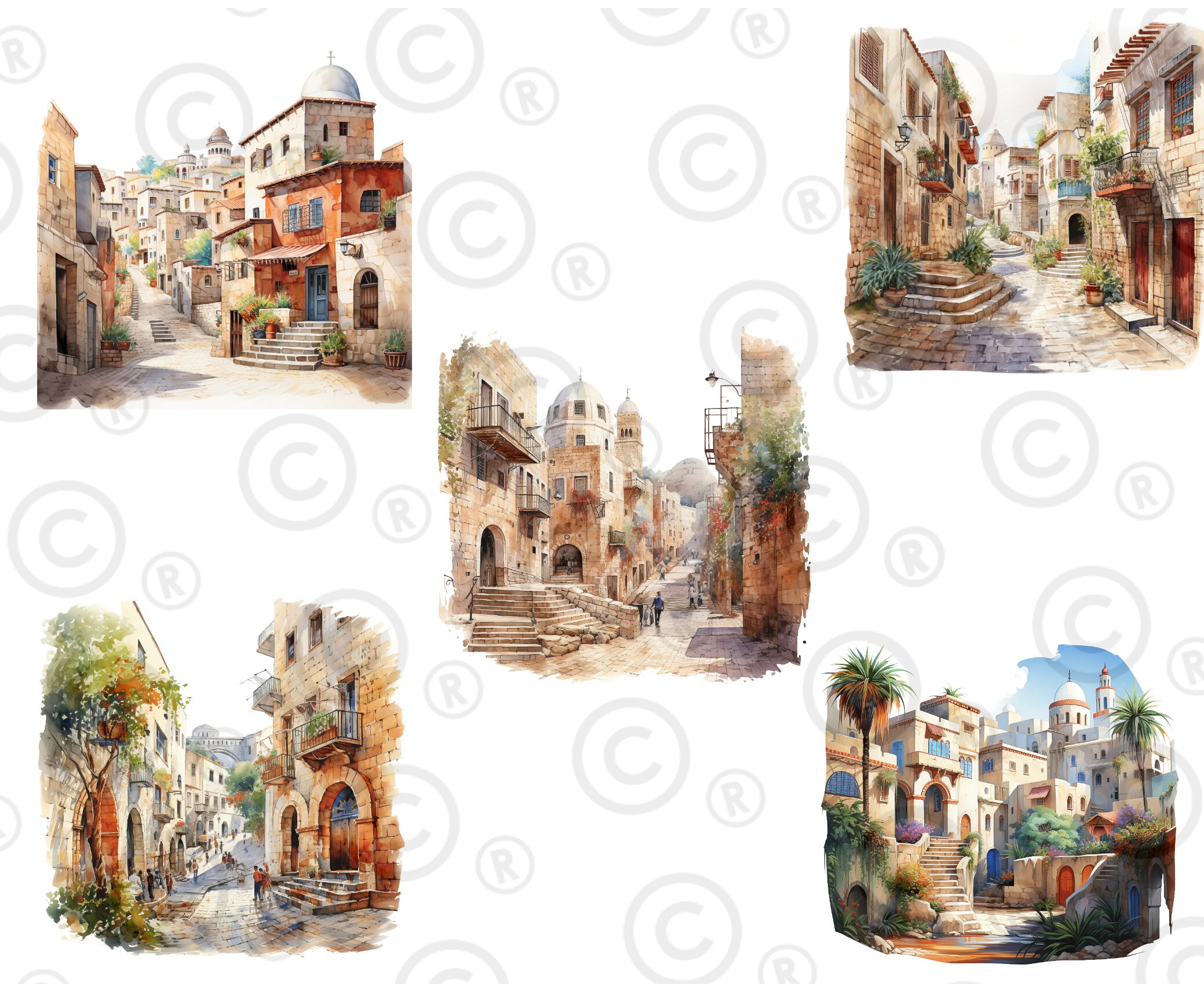 Jerusalem City Paintings, Colorful Houses, Streets, and Scenery. Middle ...