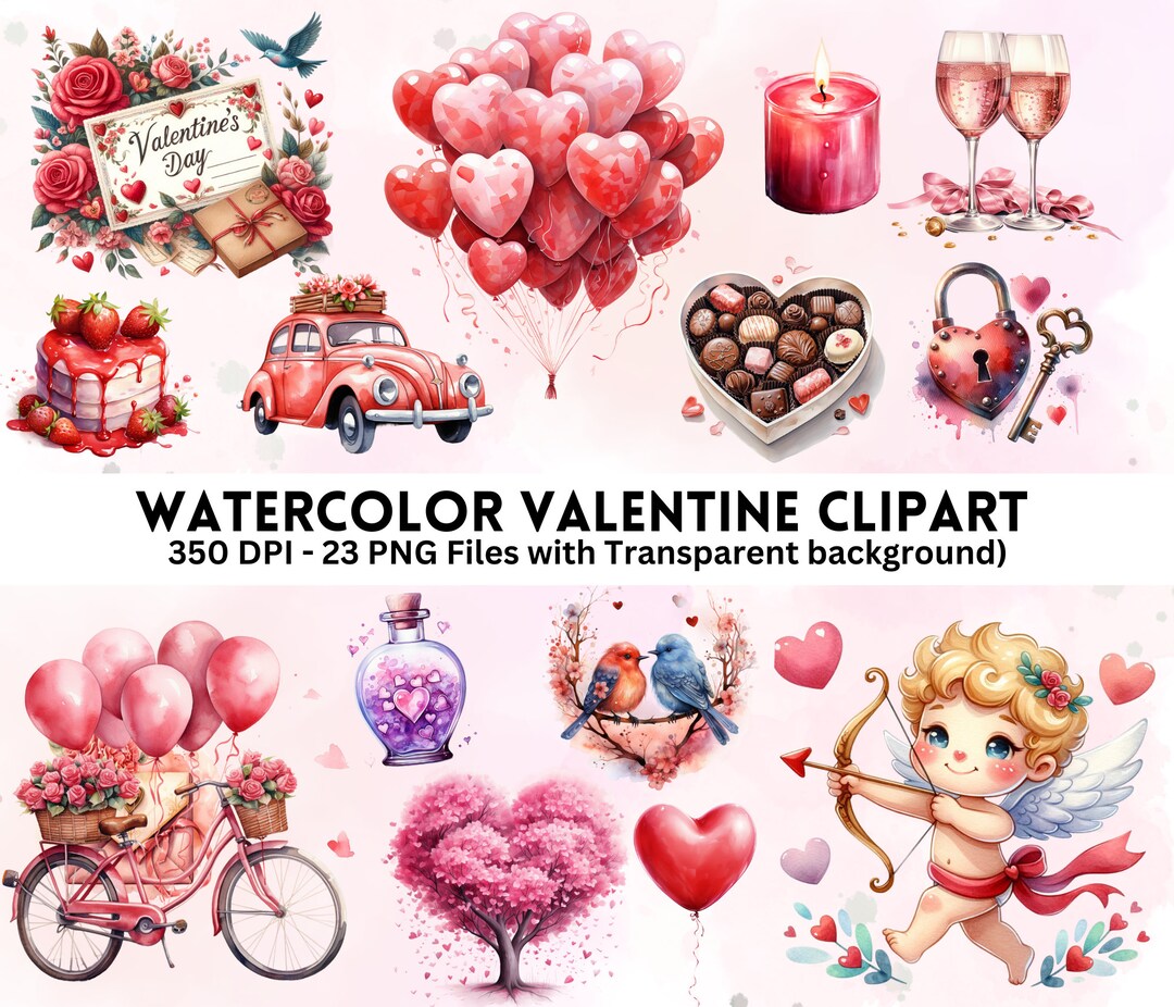 Watercolor Valentine's Day Clipart, Heart Balloons, Love Birds (PNG) - Etsy