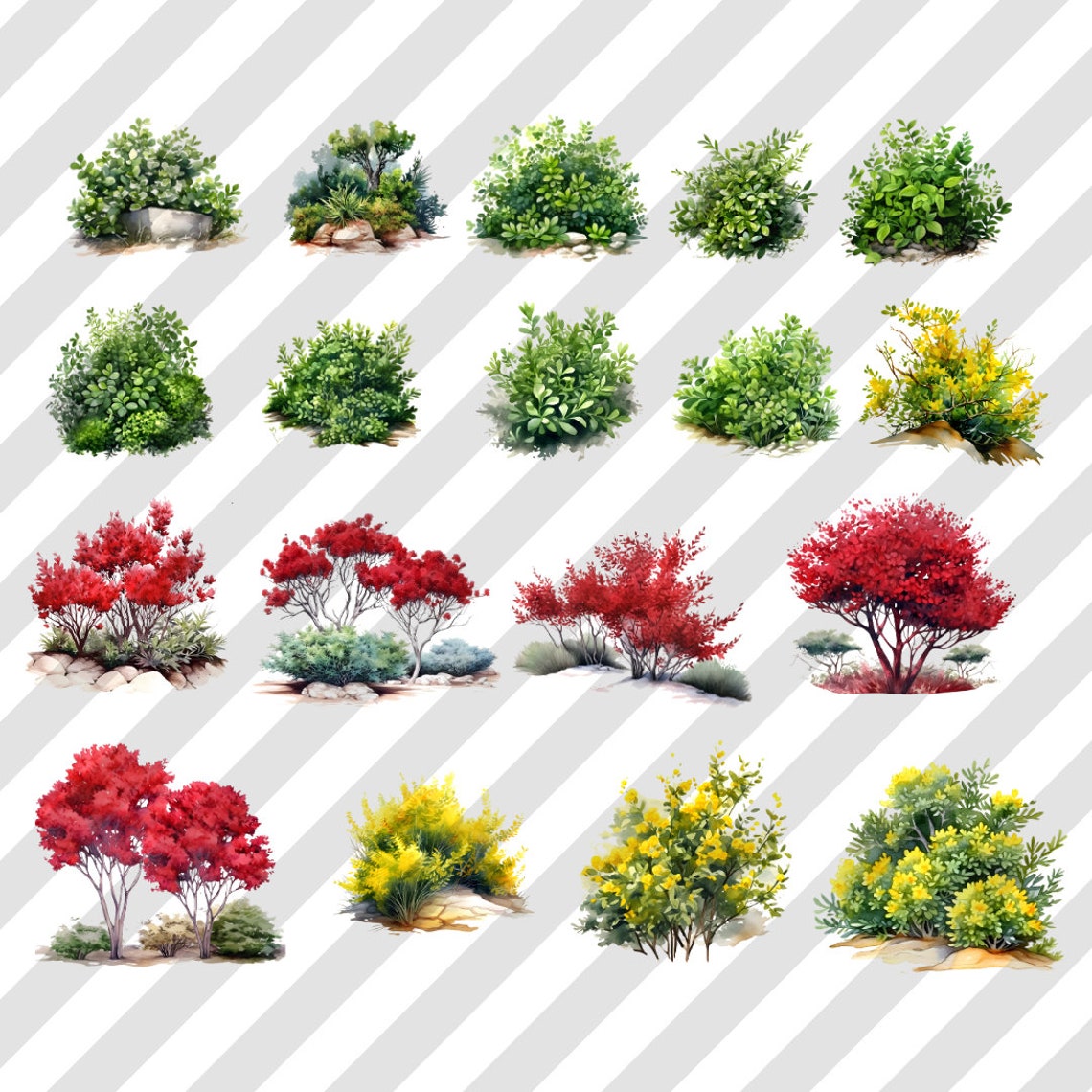 Watercolor Trees and Bushes Clipart PNG Bundle Commercial Use ...