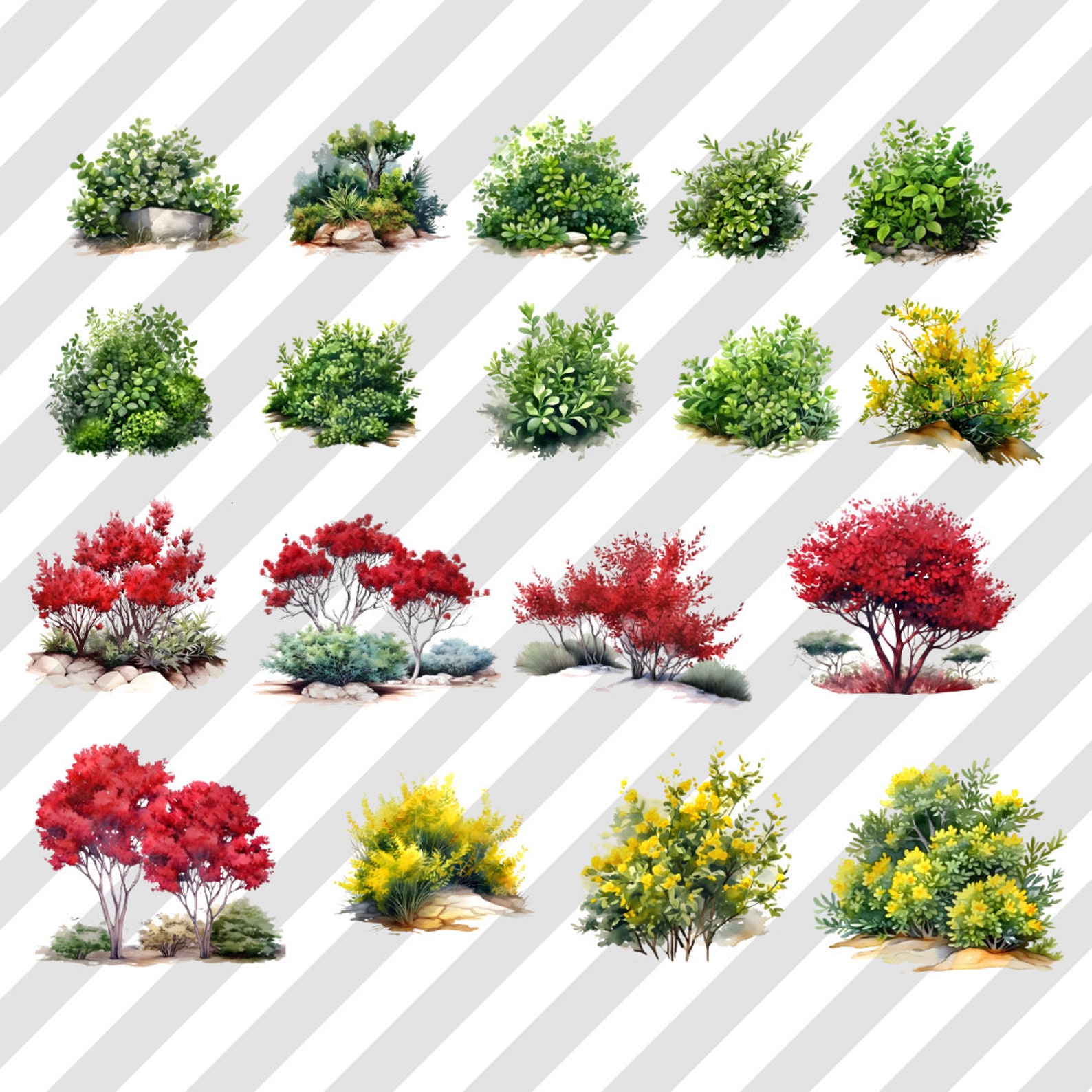 Watercolor Trees and Bushes Clipart PNG Bundle Commercial Use ...