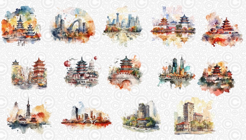 Watercolor Beijing China Clipart: Cityscape PNG Bundle (commercial Use ...