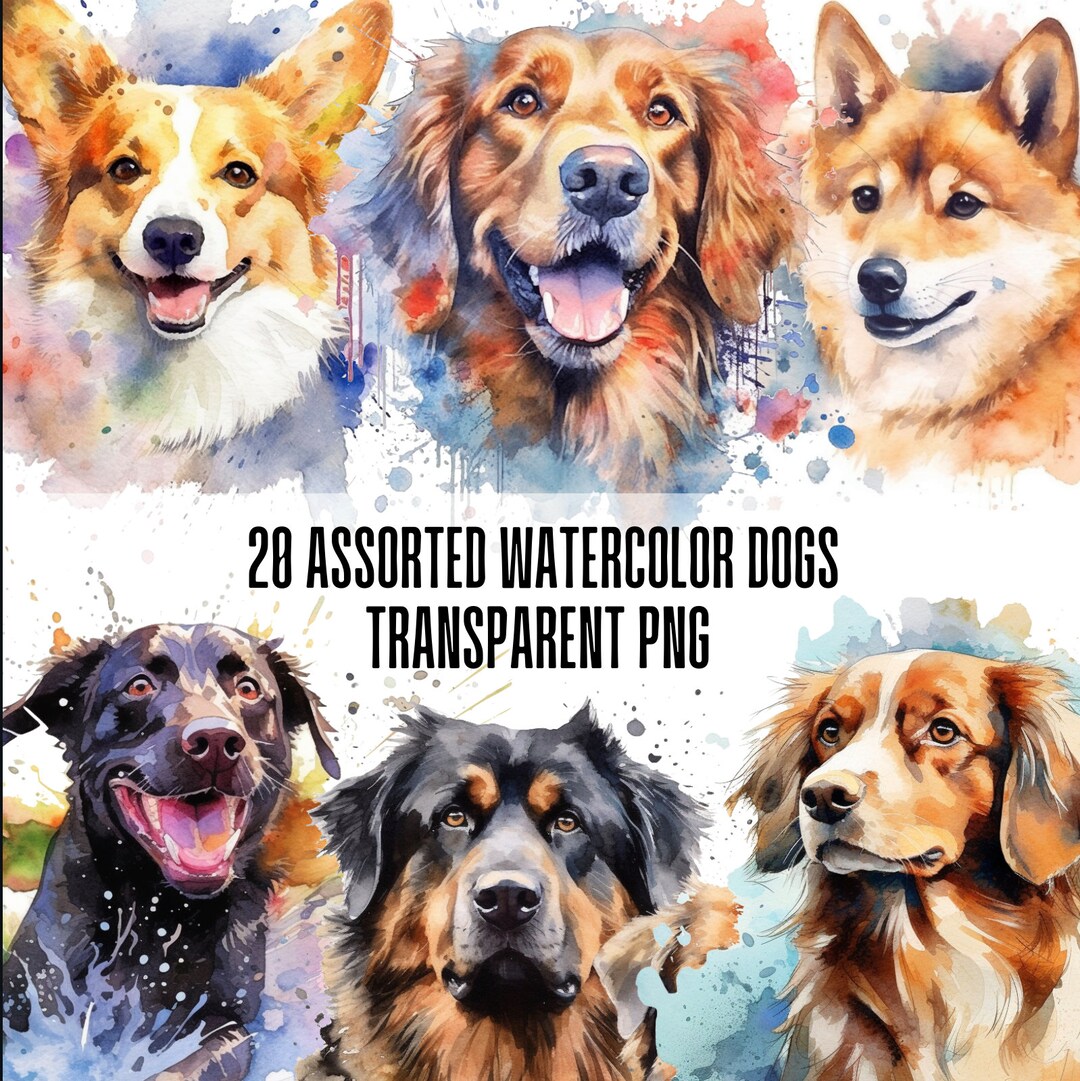 Assorted Watercolor Dog Clipart. 20pcs Bundle Transparent PNG ...