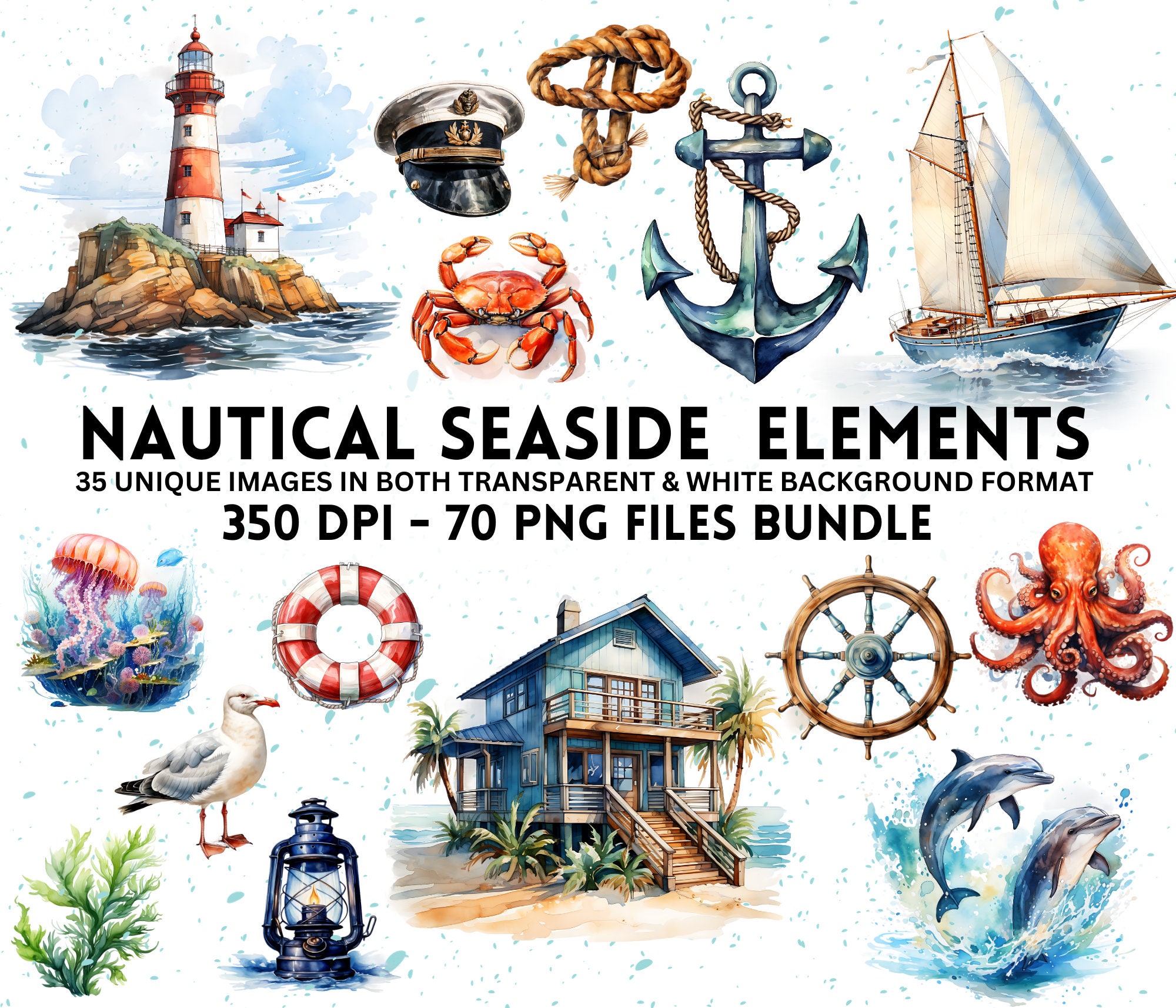 Watercolor Nautical Clipart Bundle: Seaside PNG Graphics (commercial ...