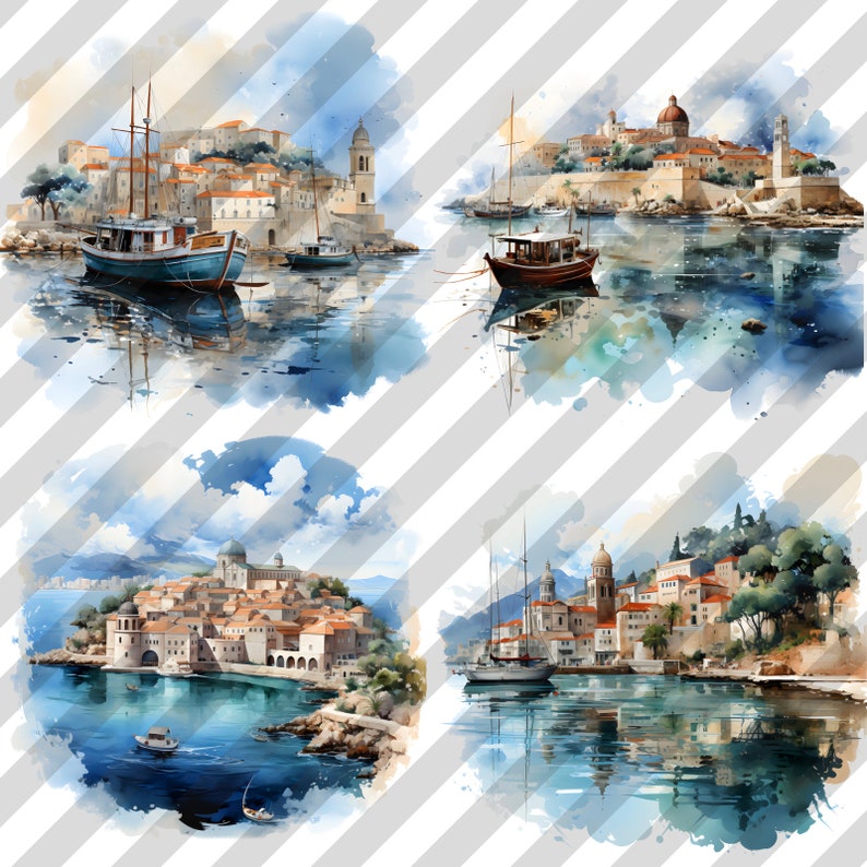 Mediterranean Landscape Printable Clipart Bundle. Cozy Homes and Ocean ...