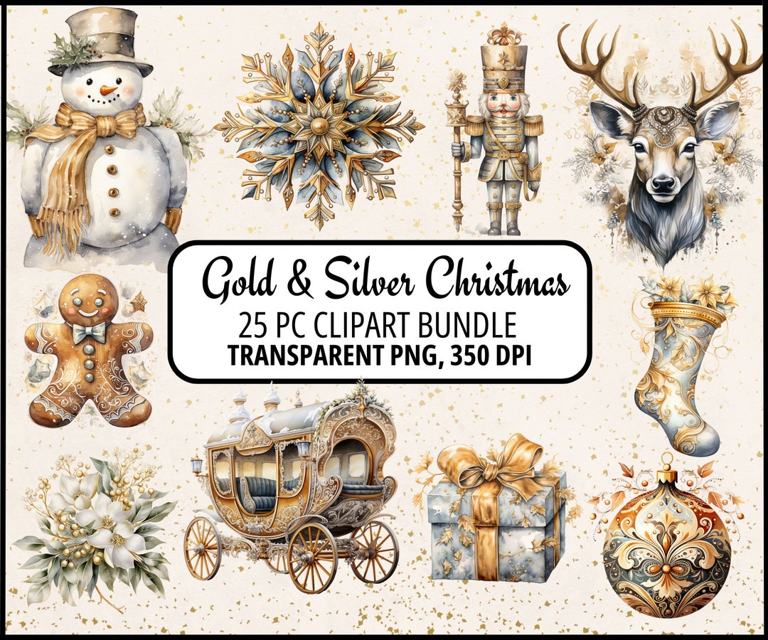 Gold and Silver Christmas PNG Clipart Bundle, Festive Illustrations ...