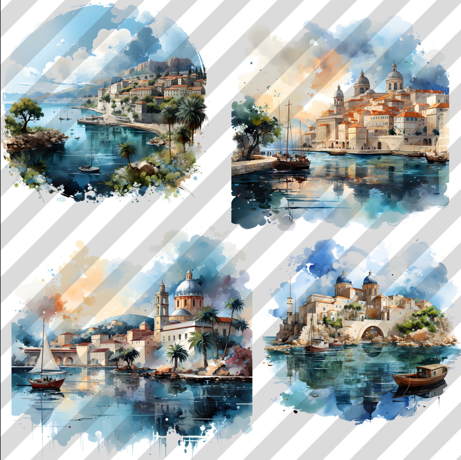 Mediterranean Landscape Printable Clipart Bundle. Cozy Homes and Ocean ...