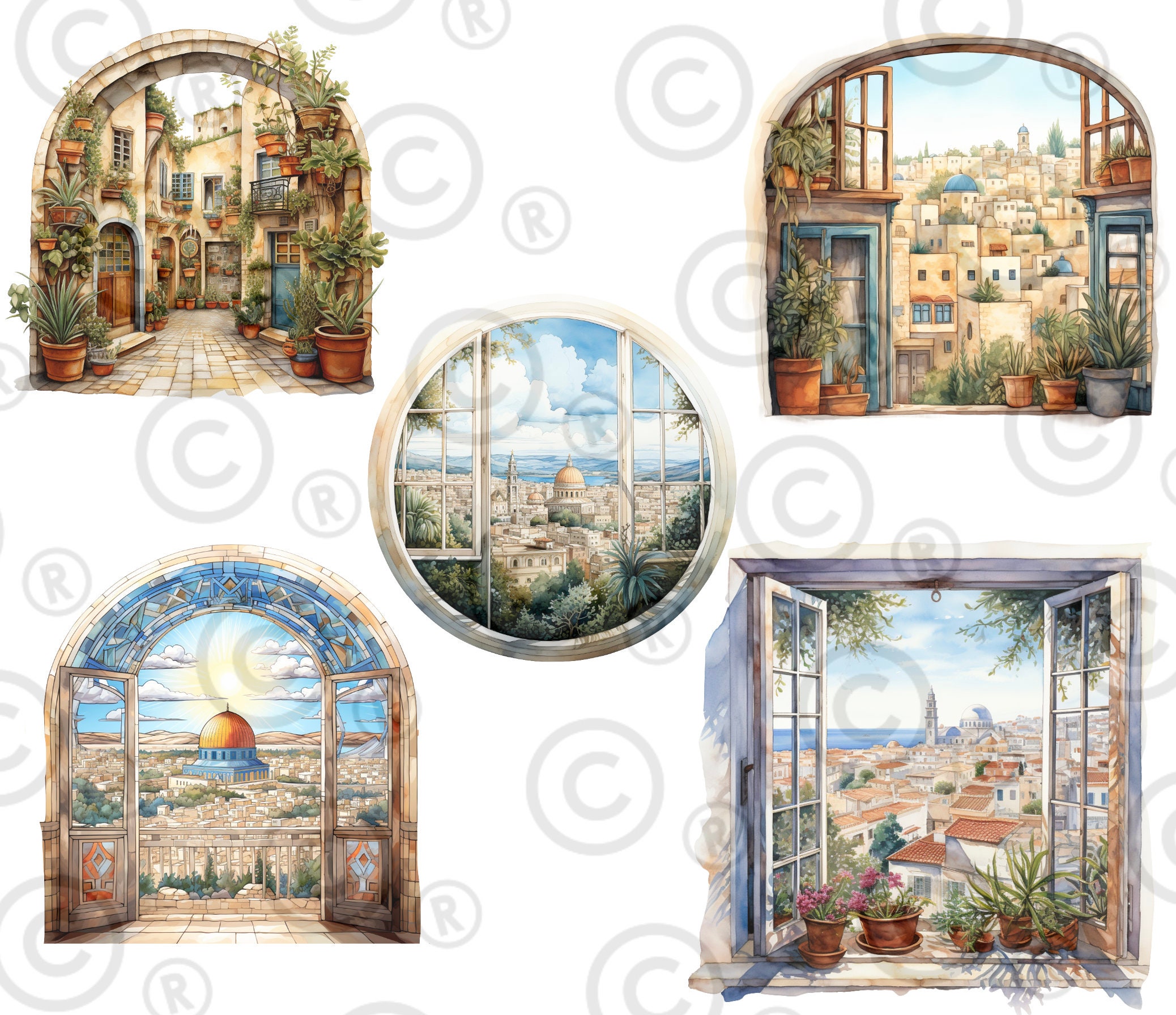 Jerusalem City Paintings, Colorful Houses, Streets, and Scenery. Middle ...
