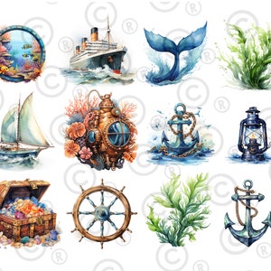 Watercolor Nautical Clipart Bundle: Seaside PNG Graphics (commercial ...