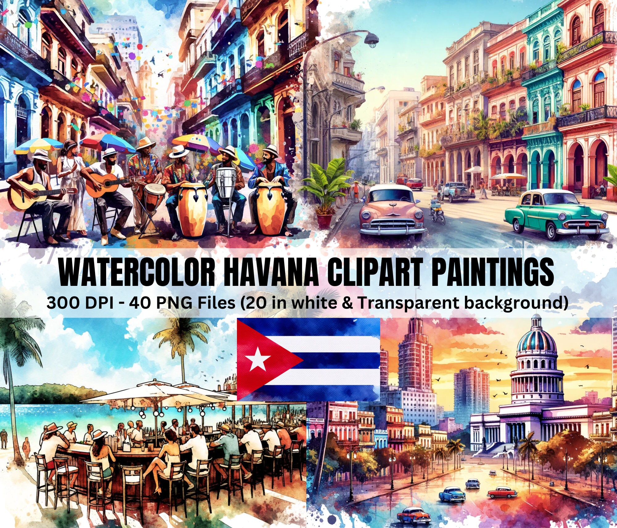 Watercolor Havana Cuba Clipart PNG Bundle, Tropical Clipart, Caribbean ...