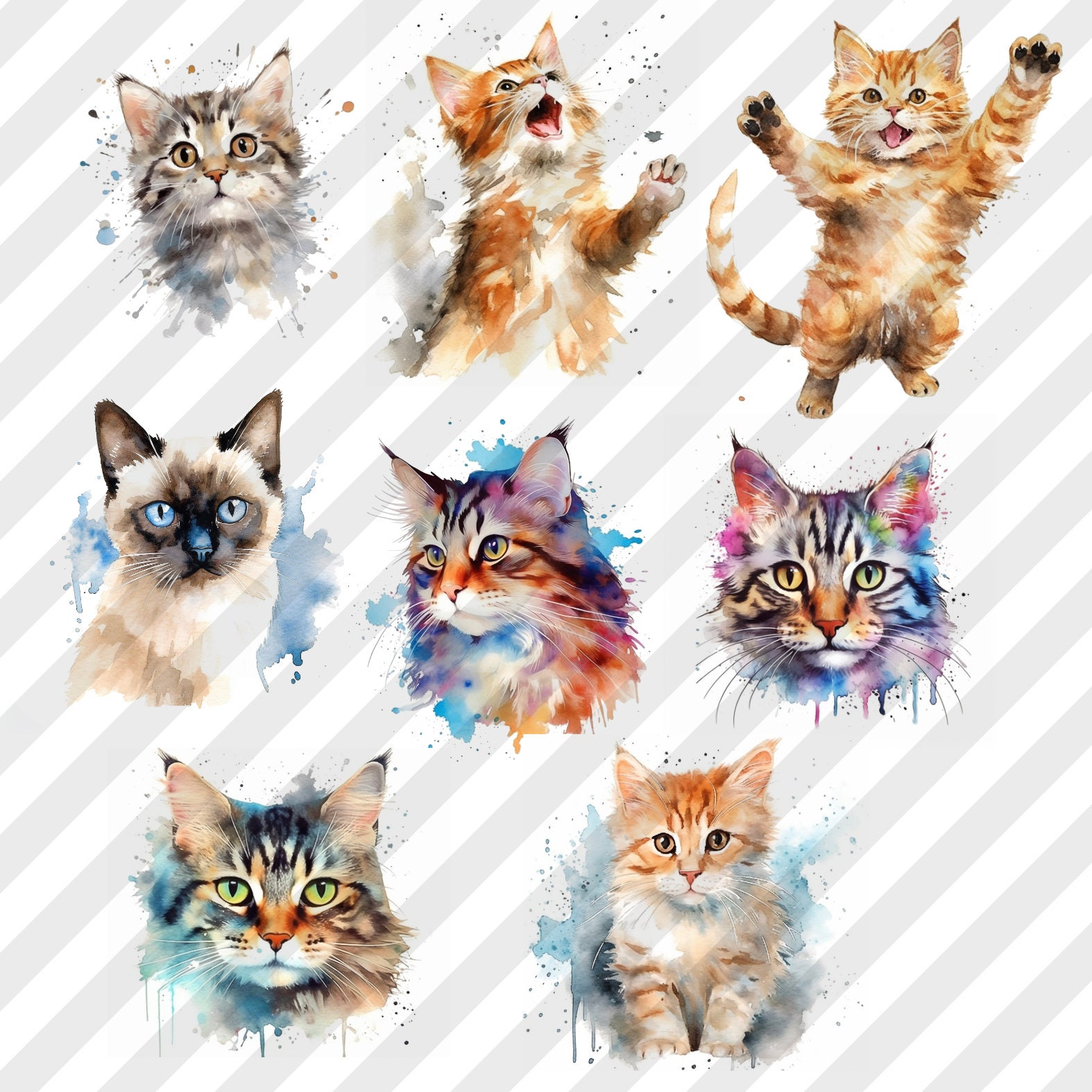 Watercolor Cat Prints Clipart PNG Bundle. 20pc Set Transparent PNG ...