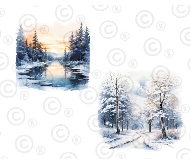 Watercolor Winter Forest Clipart Bundle, Snowy Trees, Sunsets, Lakes ...