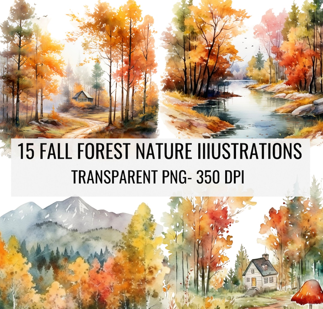 Fall Forest Clipart, Autumn Trees, Leaves, Lakes, Mountains, Nature ...