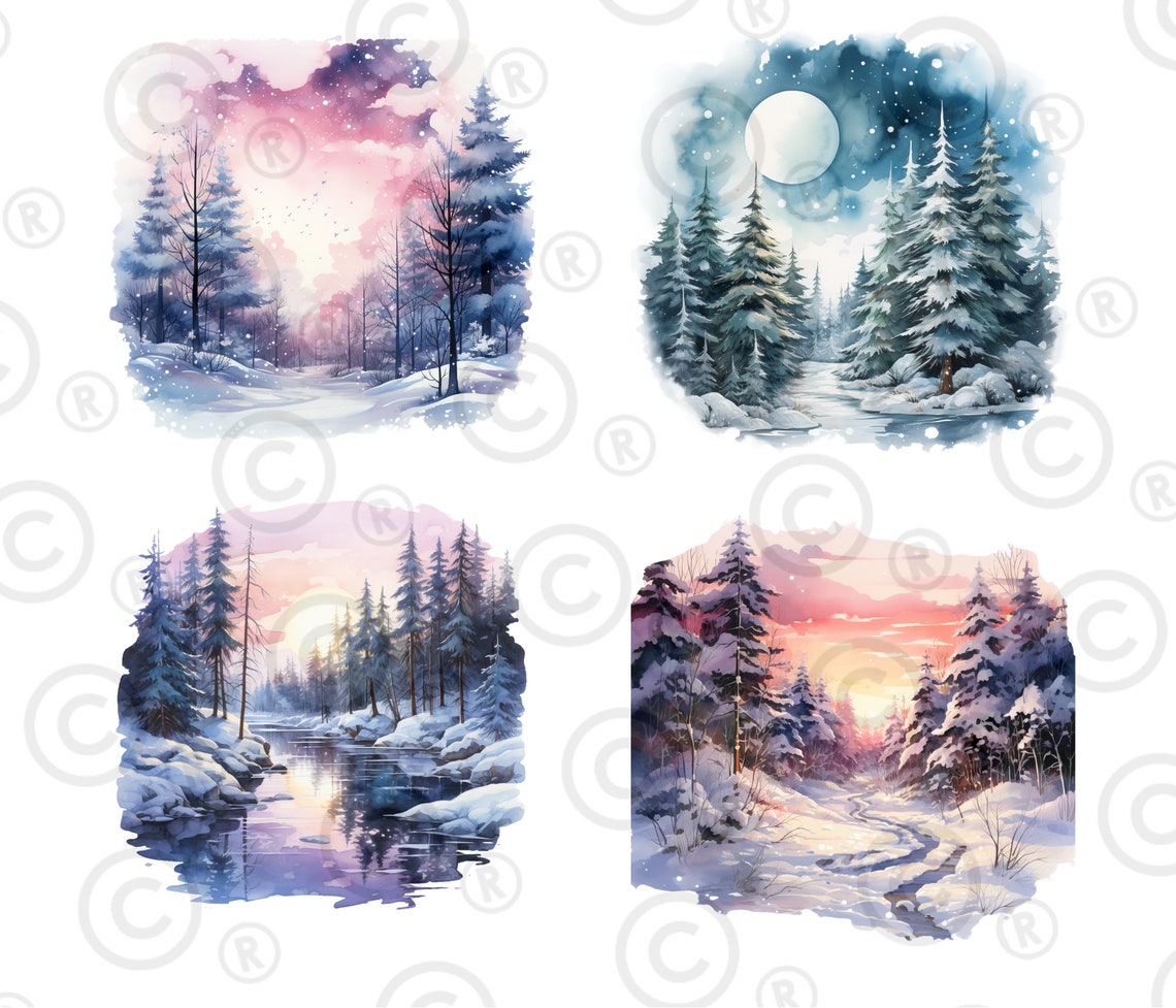 Watercolor Winter Forest Clipart, Nature Landscape Paintings With Snowy ...