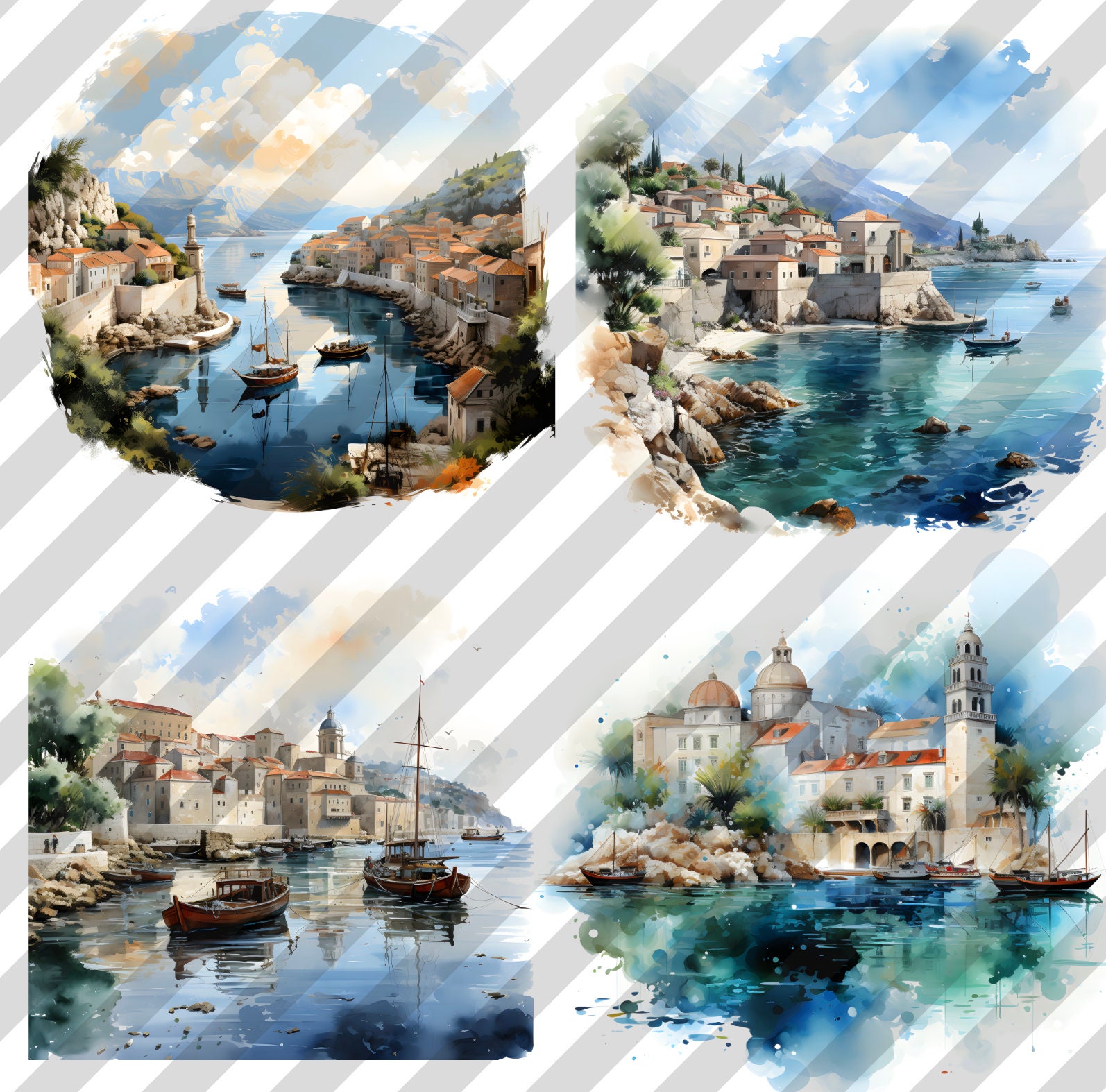 Mediterranean Landscape Printable Clipart Bundle. Cozy Homes and Ocean ...