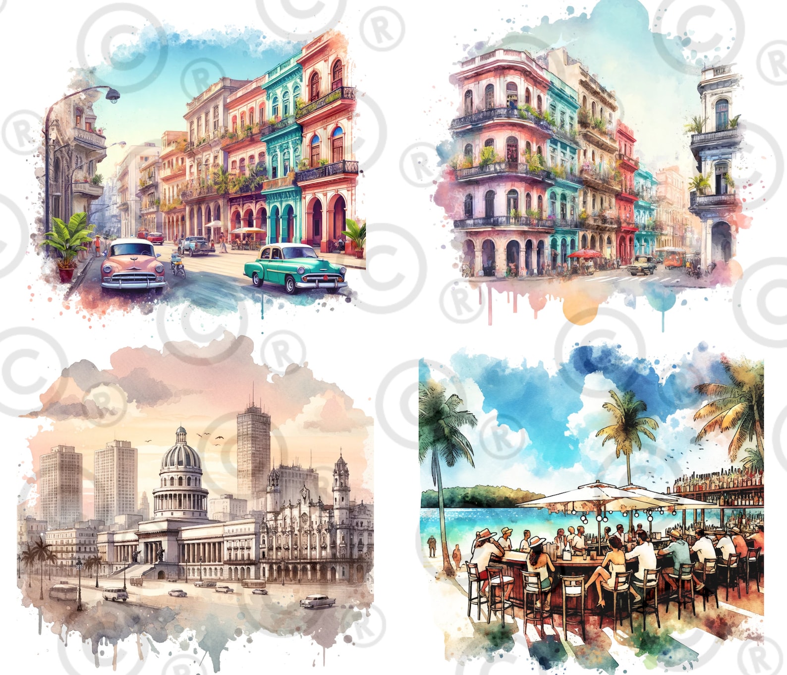 Watercolor Havana Cuba Clipart PNG Bundle, Tropical Clipart, Caribbean ...