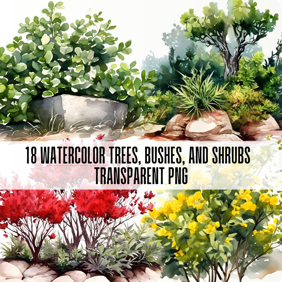 Watercolor Trees and Bushes Clipart PNG Bundle Commercial Use ...