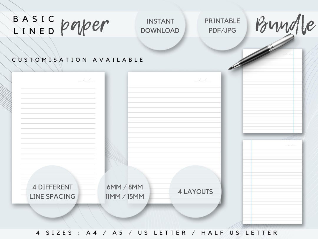 Customised Printable Basic Lined Paper, Personalised Lined Paper, A4 A5 ...