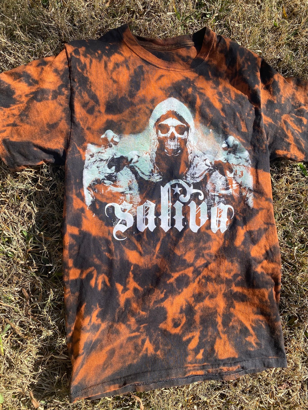 SALIVA SIZE SMALL • Black Tan Acid Band Bleach Tie Dye Tee - Etsy