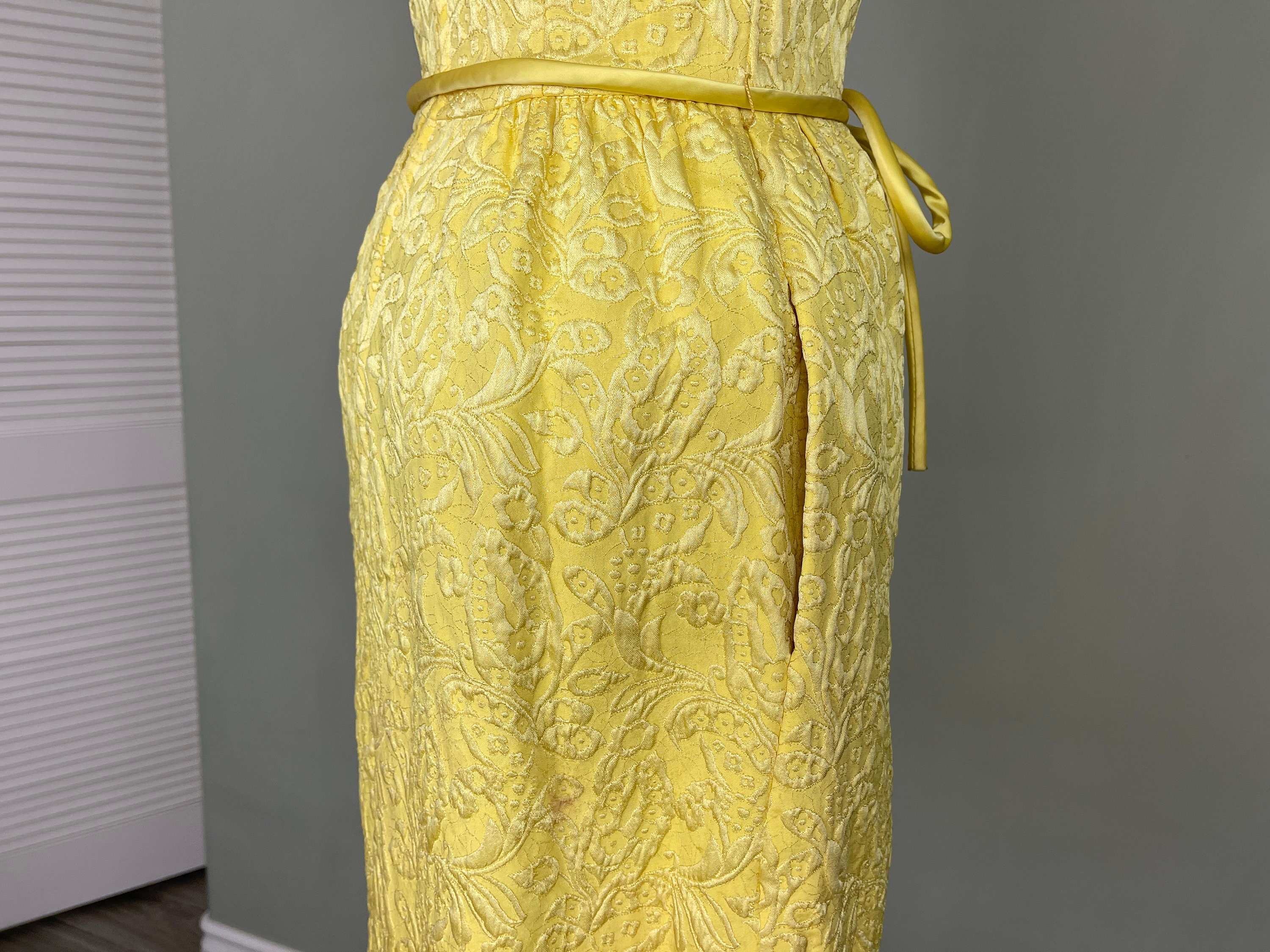 Vintage 50s Suzy Perette Yellow Floral Midi Dress, Brocade Damask ...