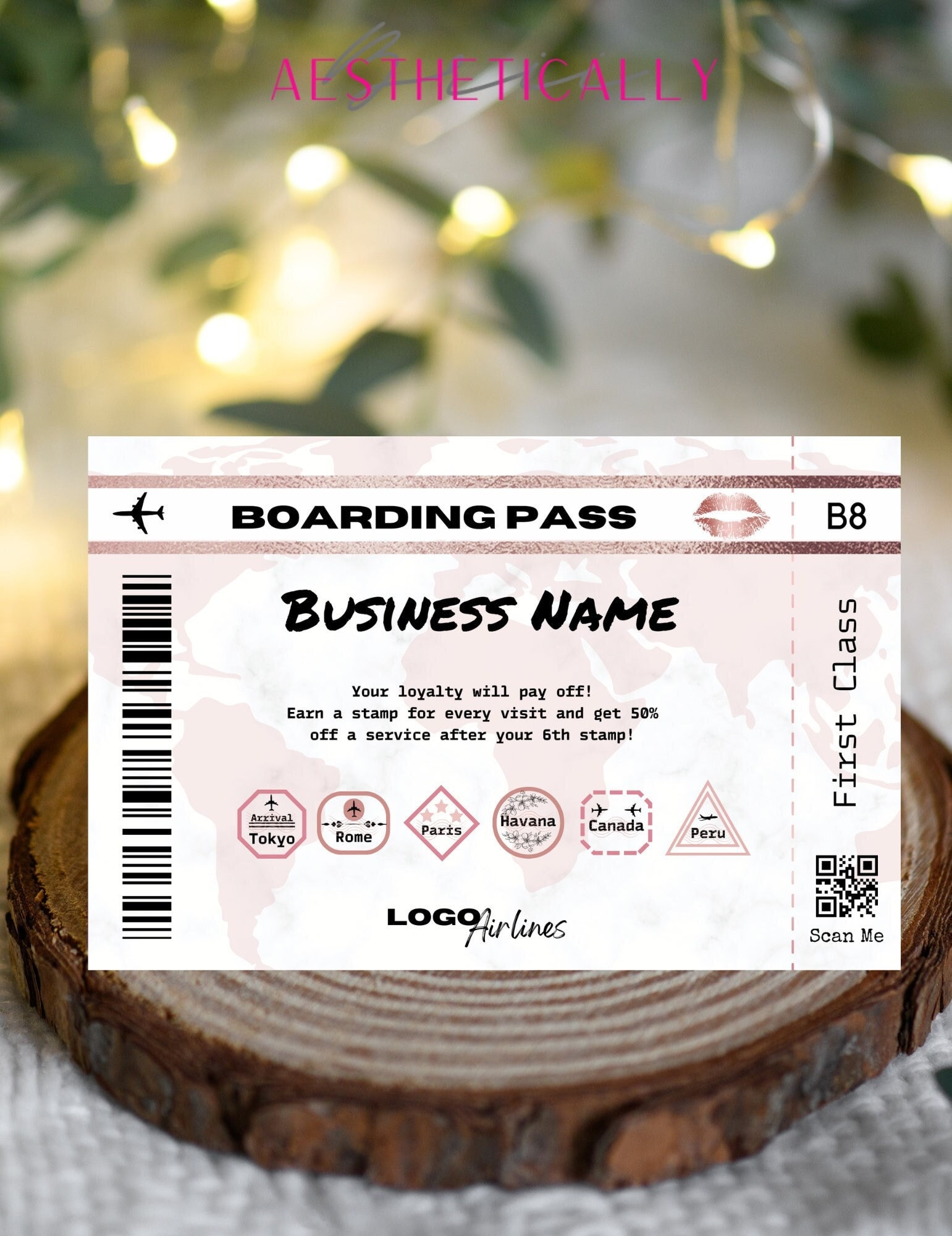 Canva Editable Passport & Boarding Pass Loyalty Card | Rose Gold Beauty ...