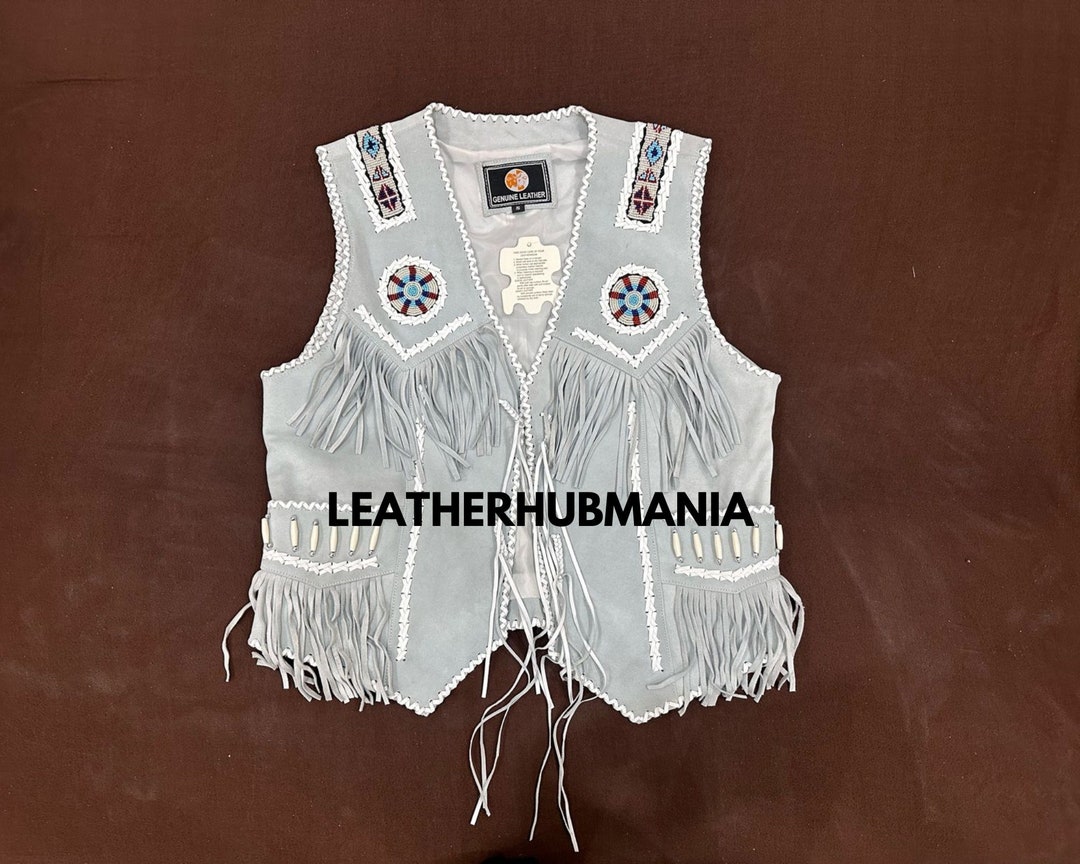 Stylish Men Suede Leather Beaded Vest, Handmade Western Style Suede ...