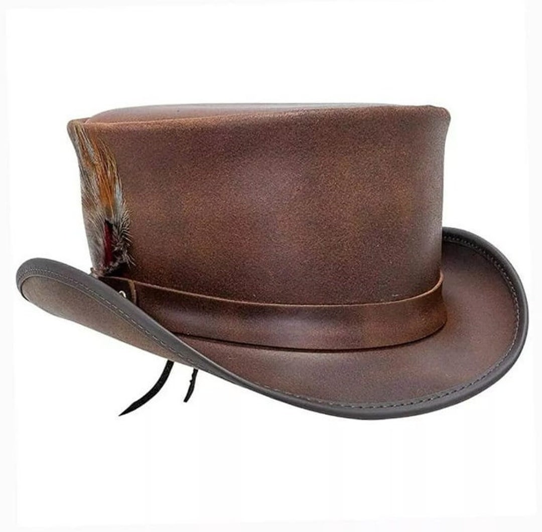 Leather Top Hat El Dorado Brown Leather Top Hat Feather Band - Etsy