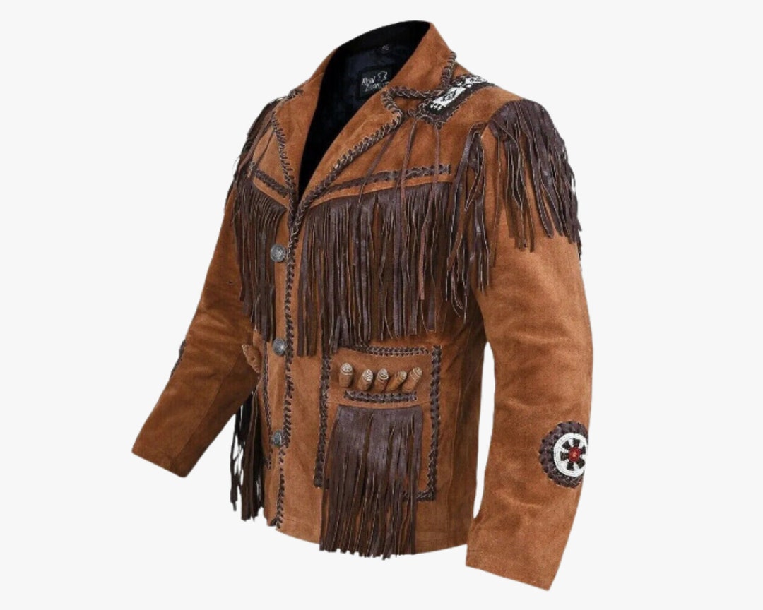 Native American Suede Leather Jacket With Fringes, Handmade Western ...
