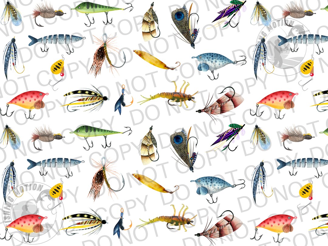 Fishing Pattern Water Colors Lures Flys PNG Graphic Digital Download ...