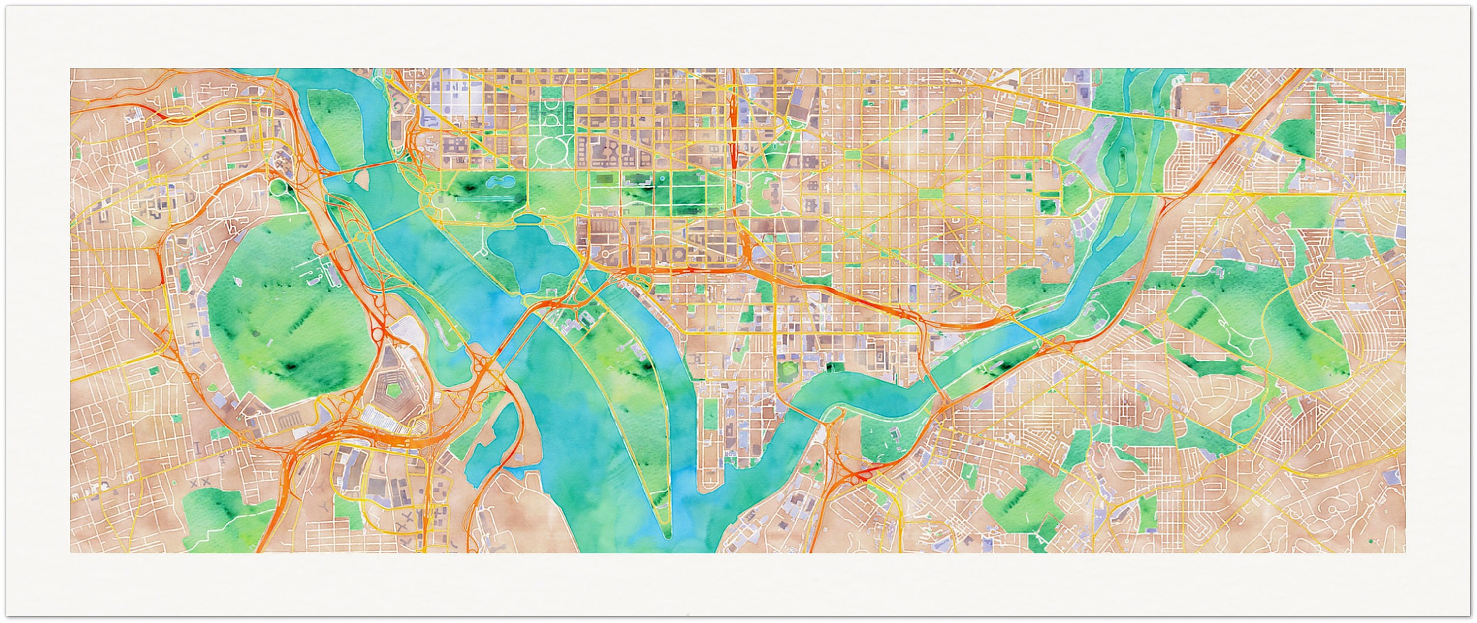 Washington DC Panoramic Watercolor Map Print - Zoomed | National Mall ...