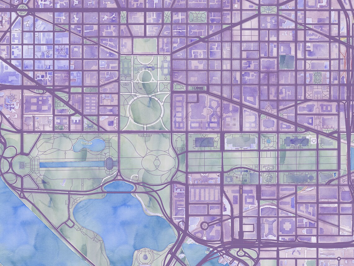 DC Watercolor Map Canvas National Mall, Washington, DC | Watercolor DC ...