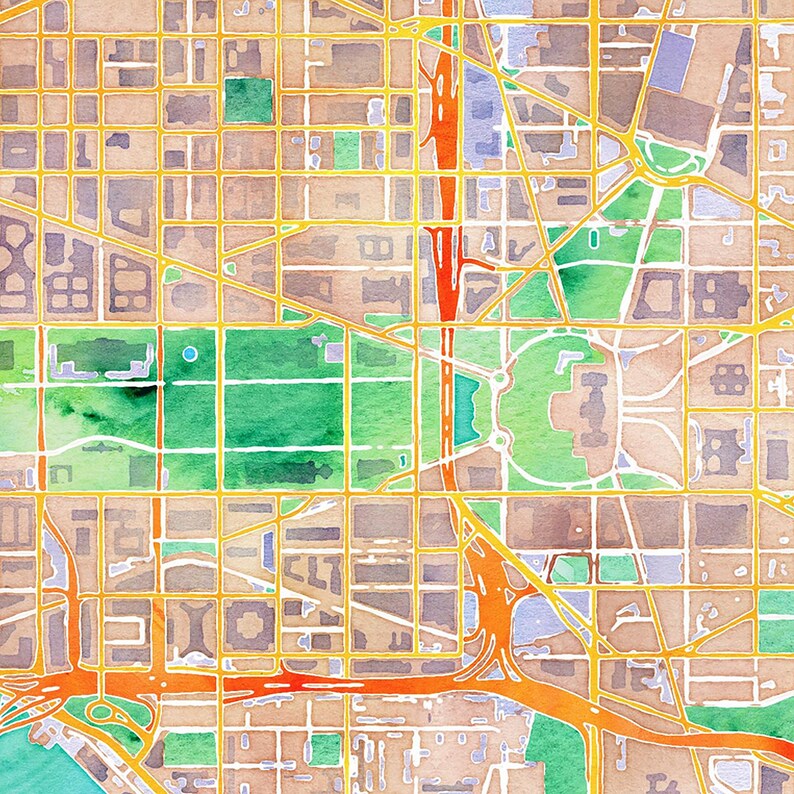 Washington DC Panoramic Watercolor Map Print - Zoomed | National Mall ...