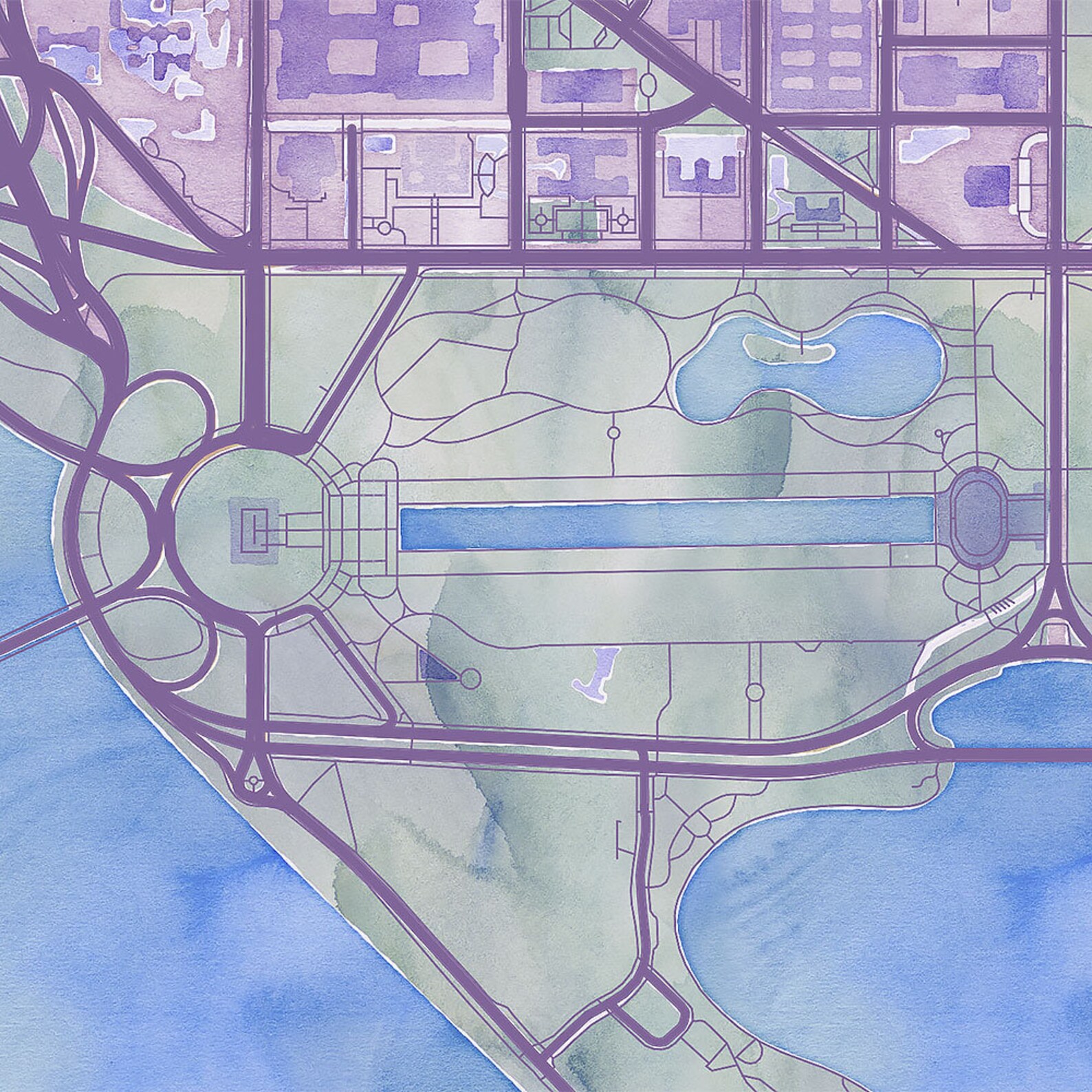 DC Watercolor Map Canvas National Mall, Washington, DC | Watercolor DC ...