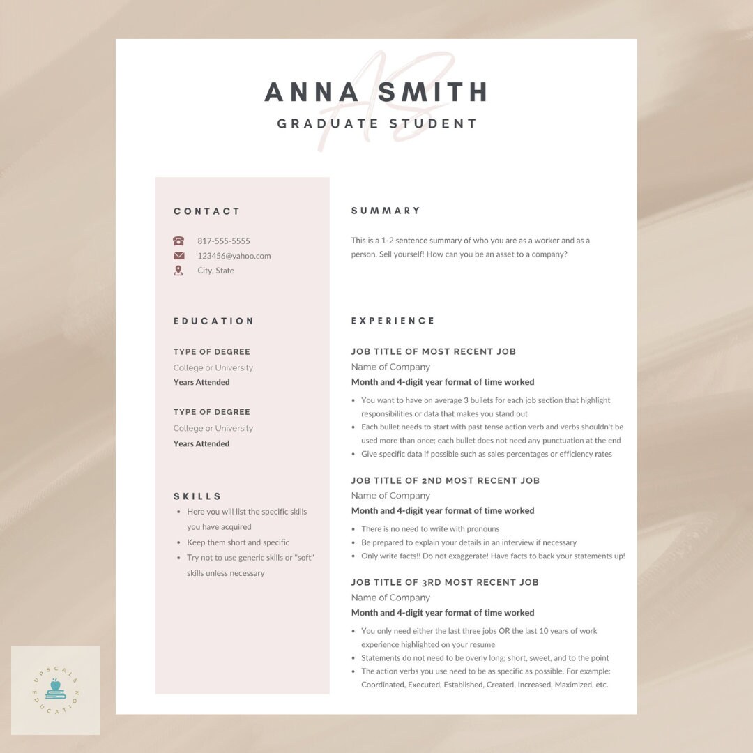 Graduate Student Resume Template - Etsy