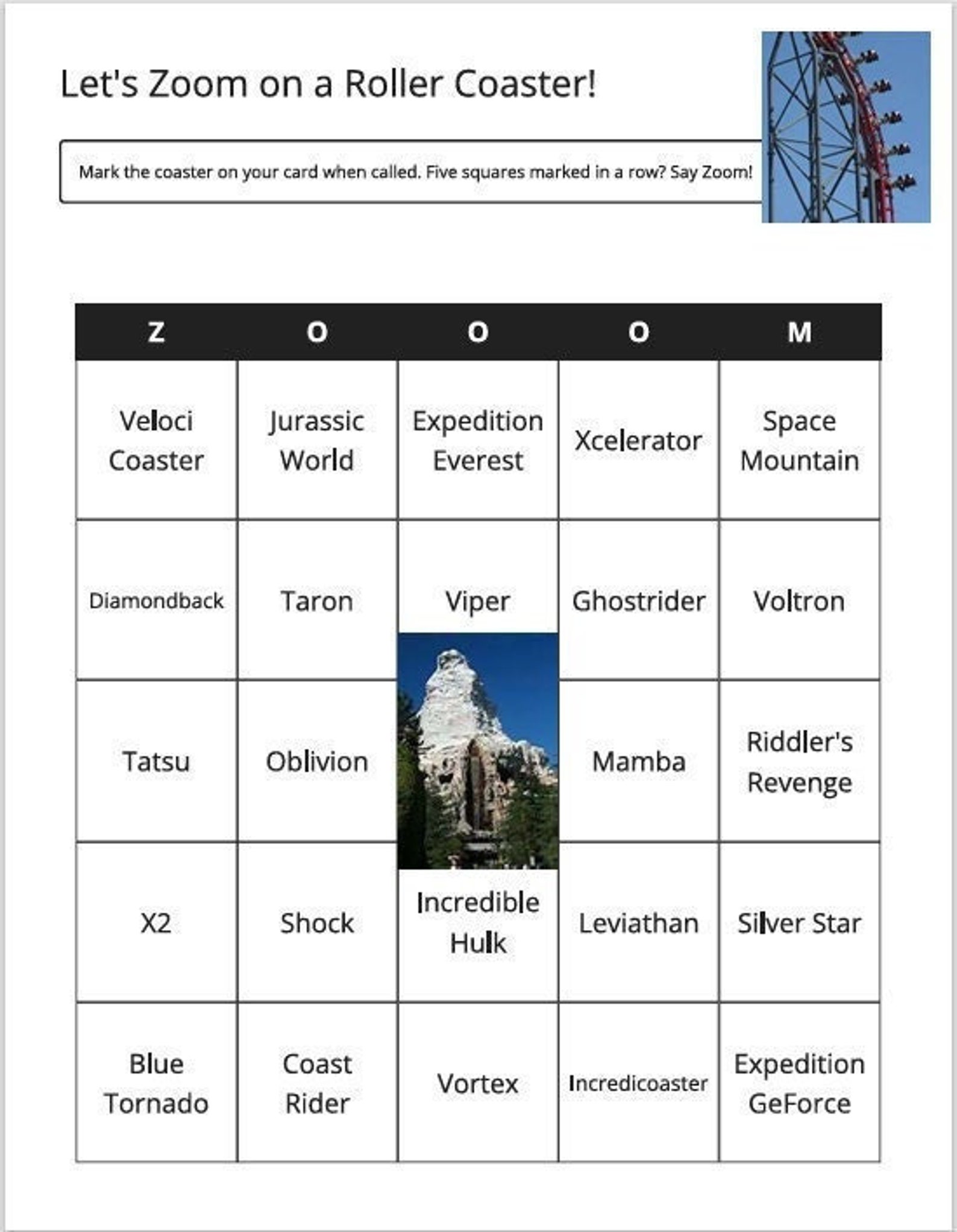 Zooooom!!! Roller Coaster Bingo! - Etsy