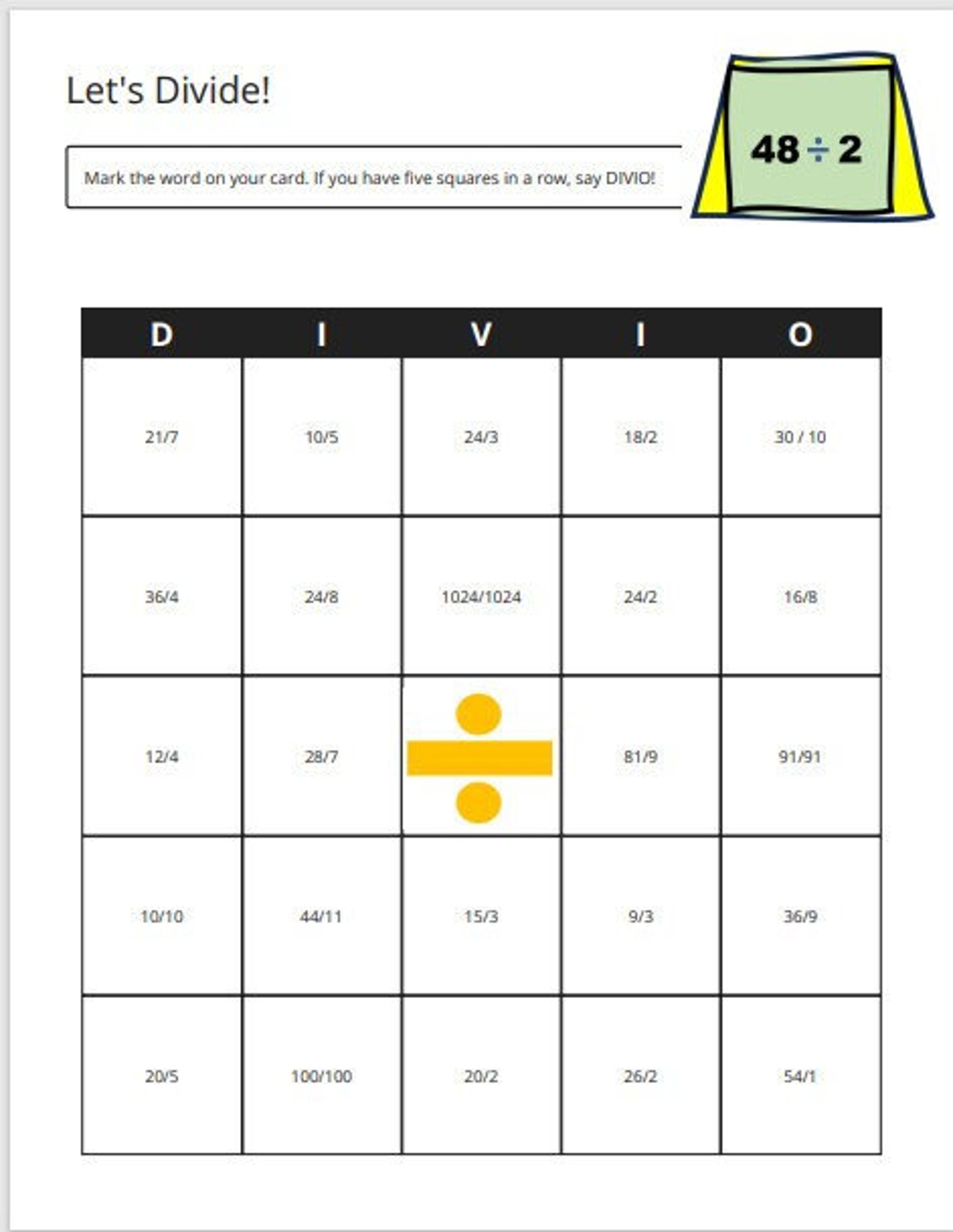 Educational Games: Math Bingo Division - Etsy