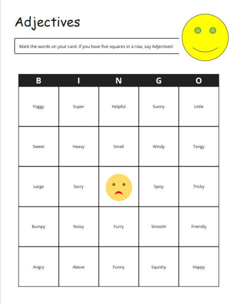 Educational Games: Bingo Nouns, Verbs, Adjectives - Etsy