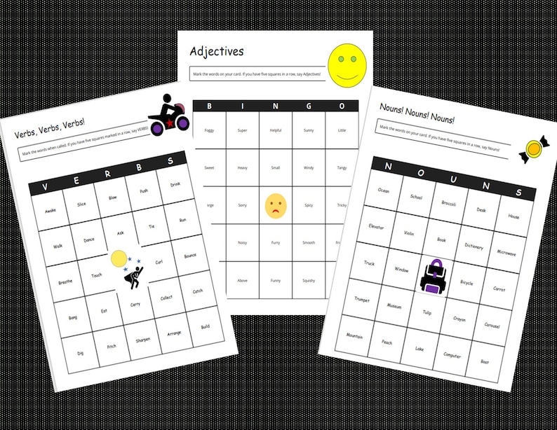 Educational Games: Bingo Nouns, Verbs, Adjectives - Etsy