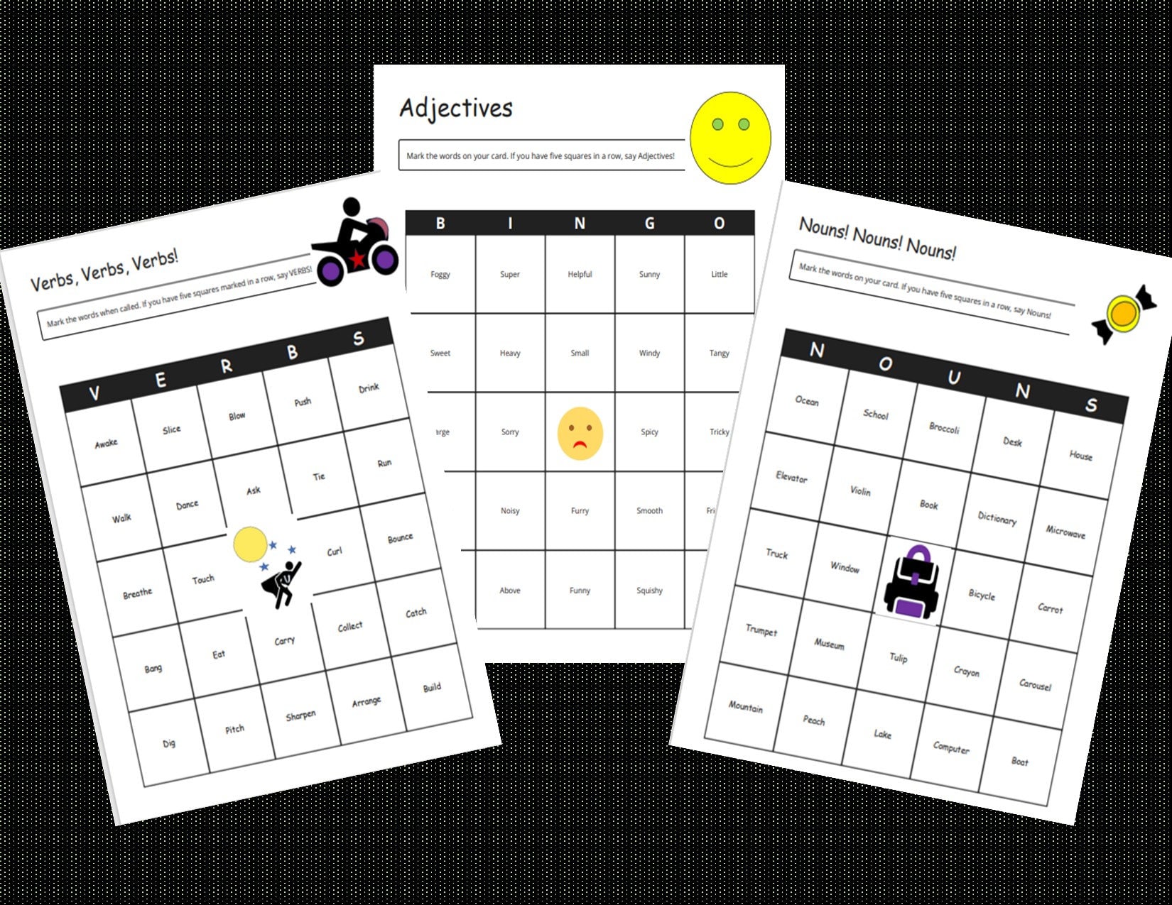 Educational Games: Bingo Nouns, Verbs, Adjectives - Etsy