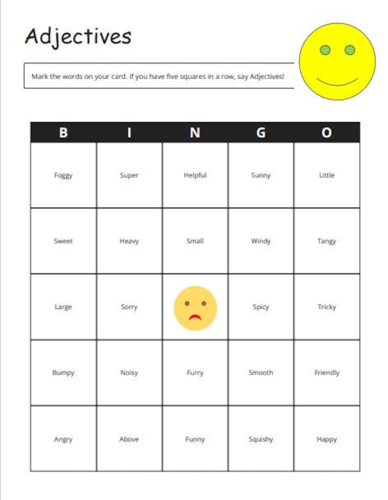 Educational Games: Bingo Adjectives - Etsy