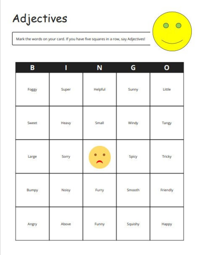 Educational Games: Bingo Adjectives - Etsy